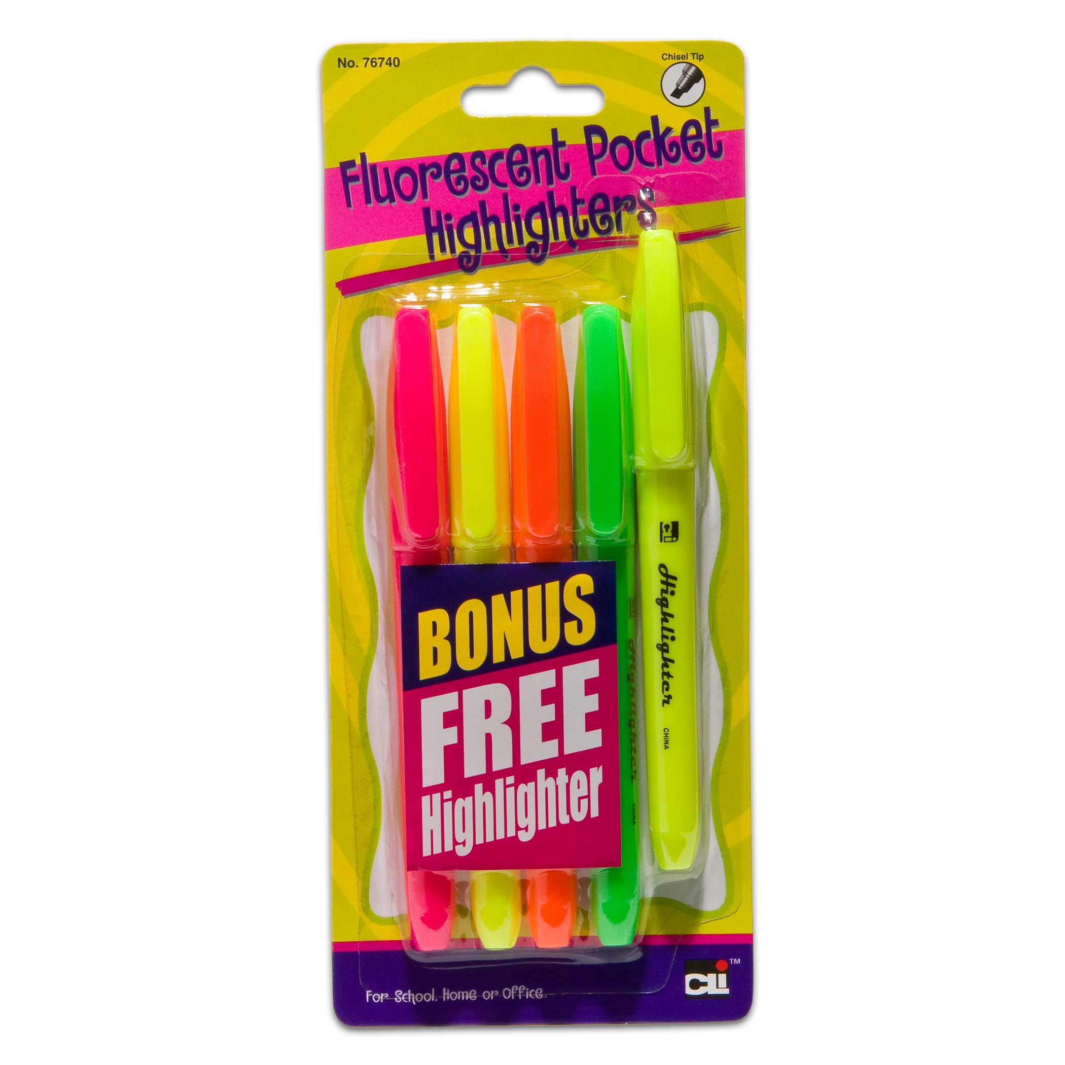Fluorescent Pocket Highlighters, Assorted Colors, 5 Per Pack, 12 Packs ...